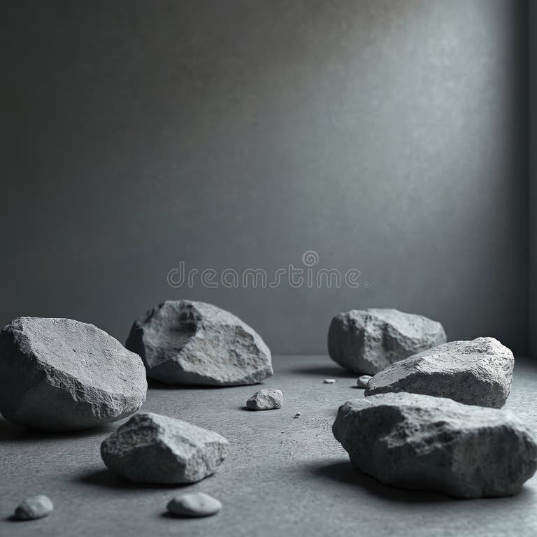 Studio Shot of Various Sized Rocks Arranged on Gray Stone Surface. Gray ...