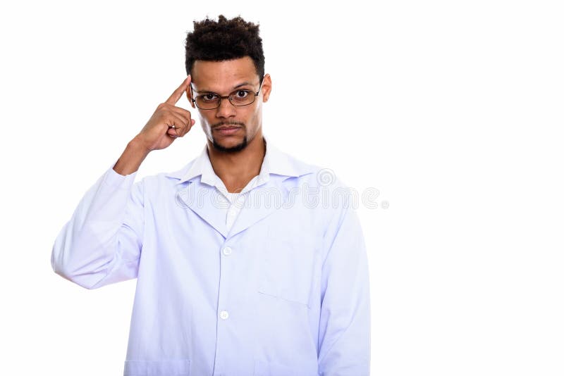 Studio Shot of Young African Man Doctor Thinking with Finger on Stock ...