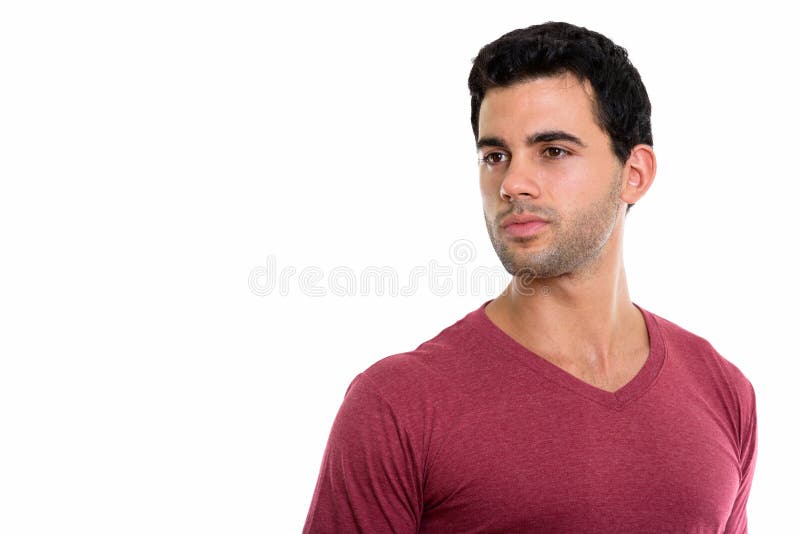 Studio Shot of Young Handsome Hispanic Man Thinking while Lookin Stock ...