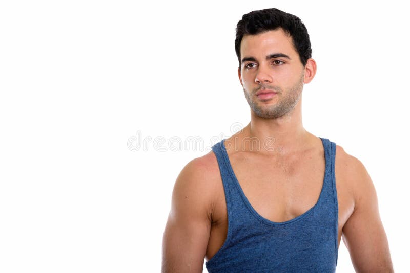 Studio Shot of Young Handsome Hispanic Man Thinking while Lookin Stock ...