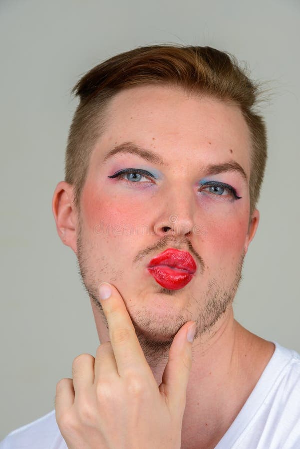 Portrait of Young Man with Beard Stubble Wearing Makeup Stock Image ...