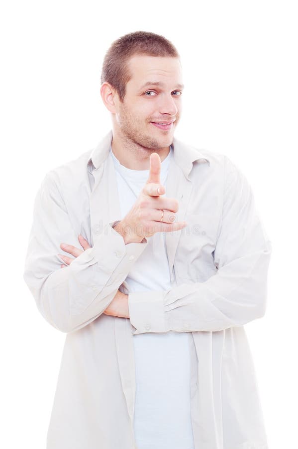 Studio Shot of Young Smiley Man Pointing Stock Image - Image of bristle ...