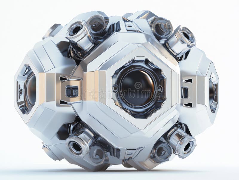 In a Studio, a Silver Model of a Sphere in 3D is Shown on a White ...