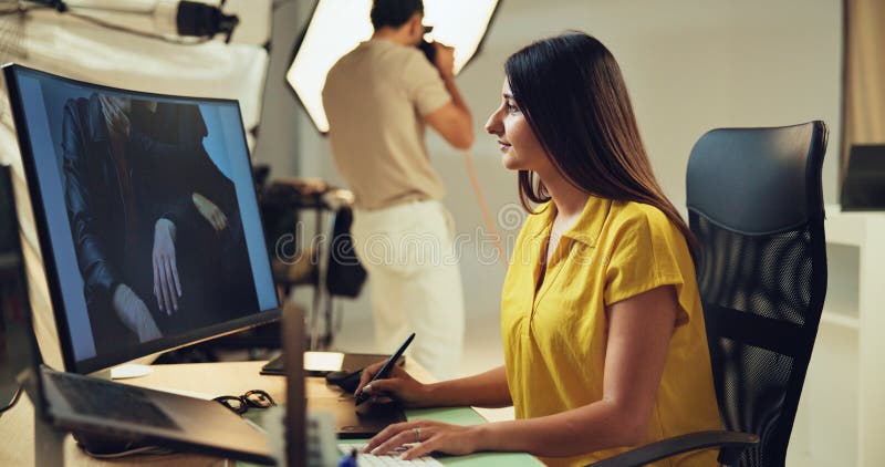 Studio, Woman and Picture Editor on Computer with Post Production ...