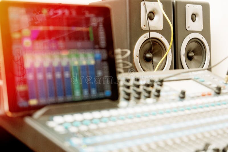 Studio Working with Sound and Light Mixer Console,of a Sound Mixer ...