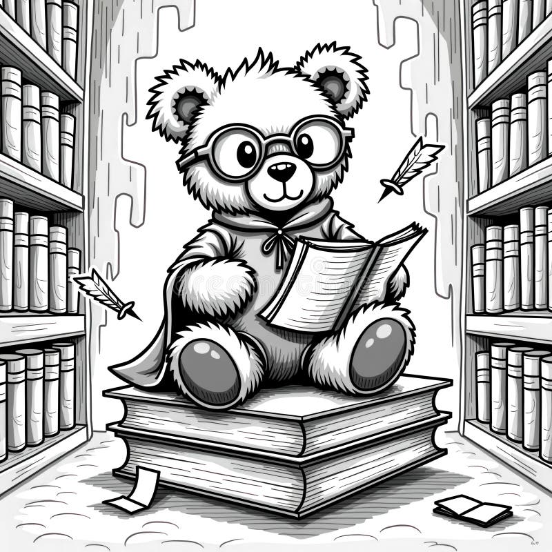 Studious Bear Reading Books in Magical Library Stock Illustration - Illustration of learning ...