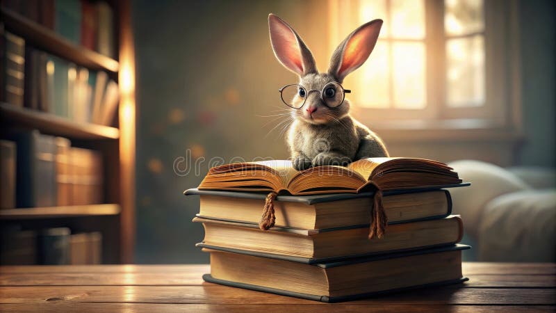 A Studious Bunny Rabbit Wearing Spectacles Rests Atop a Stack of ...