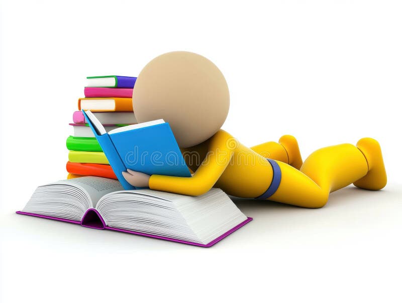 Studious Character Resting, Reading Book beside Colorful Library Stack ...