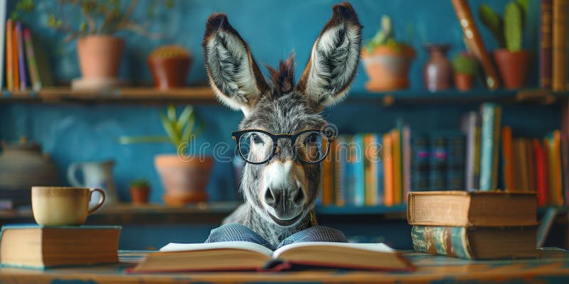 Studious Donkey Reading in Cozy Library Stock Photo - Image of smart ...