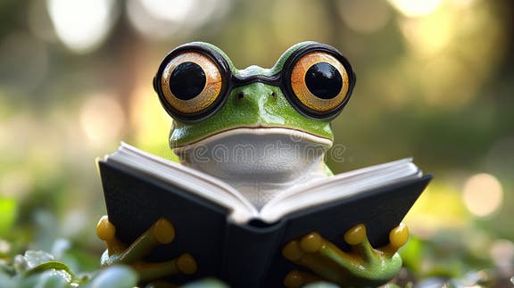 Studious Frog Engrossed in Reading Stock Illustration - Illustration of ...