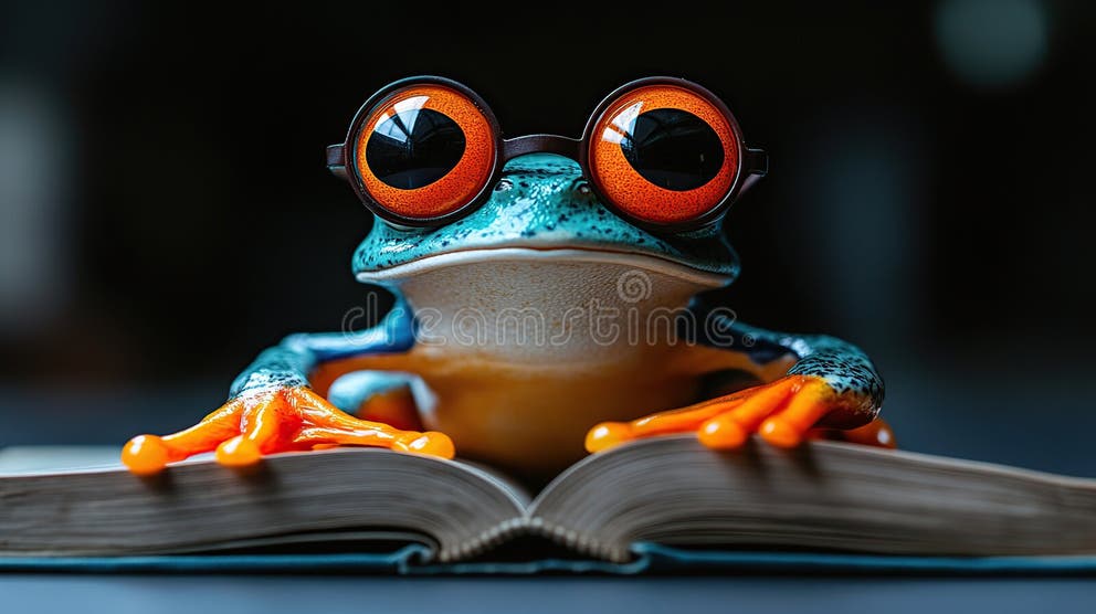 Studious Frog with Glasses, Reading an Open Book Stock Illustration ...