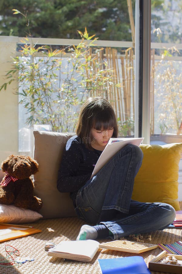 Studious Lockdown Child Sitting with Class Notebooks, Board Games Home ...