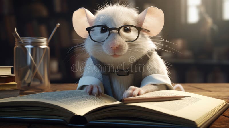 Studious Mouse with Books and Glasses Stock Illustration - Illustration ...