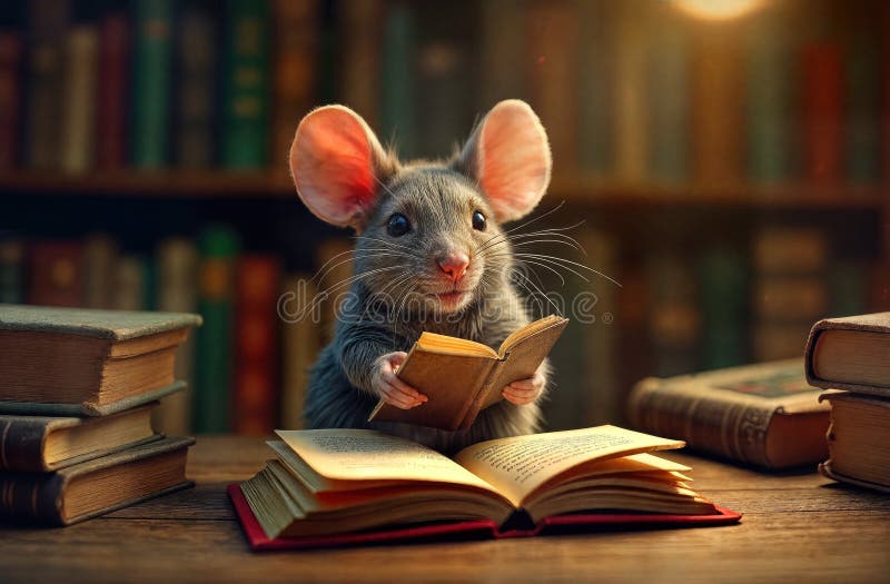 Studious Mouse Reading in Library at Night Stock Illustration ...