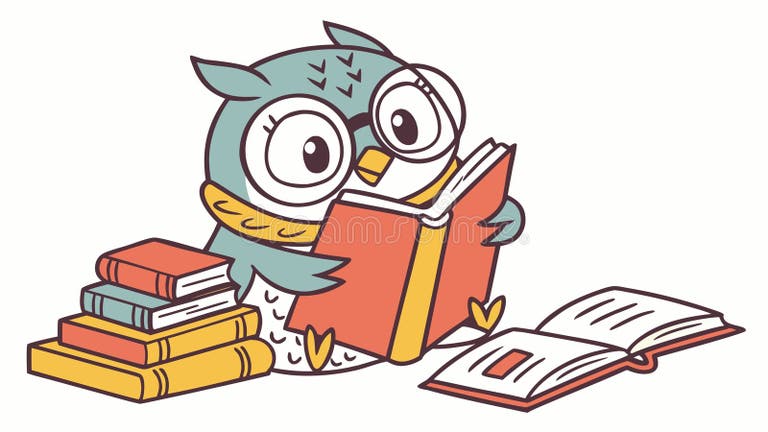 Studious Owl Character Reading a Stack of Books, Knowledge Theme ...