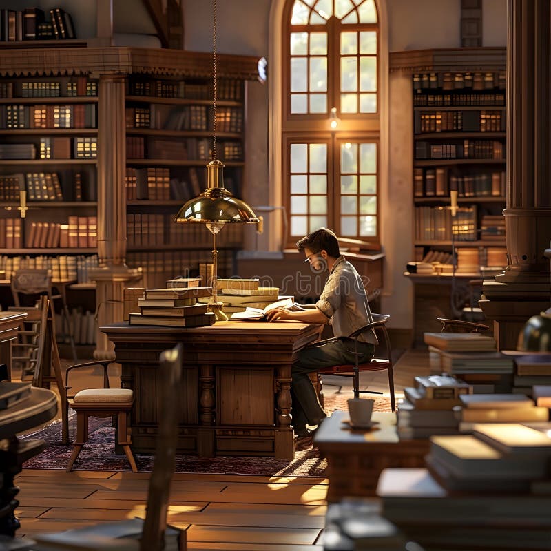 Studious Student Focused on Open Book in Cozy Well Lit Classical Library Interior Stock ...