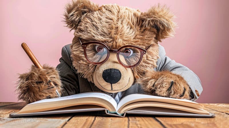 Studious Teddy Bear in Suit Glasses with Book and Pen, Pink Background ...