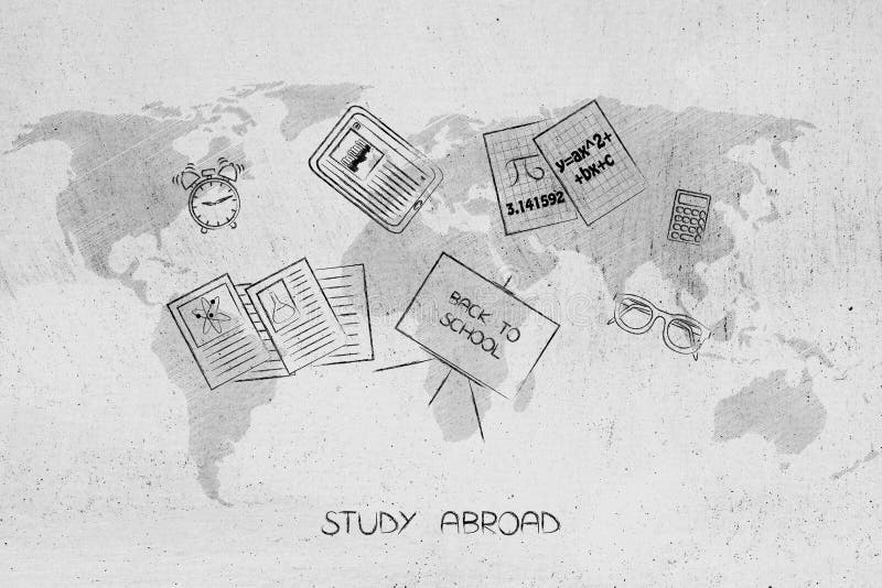 Study Abroad Mixed School Items Over World Map Overlay Stock ...
