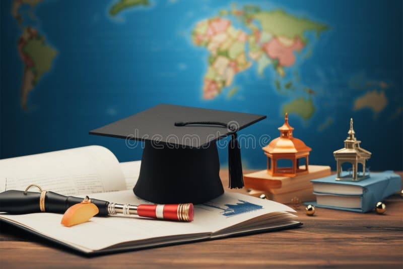 Study Abroad Concept with a World Map and Graduation Cap Stock ...
