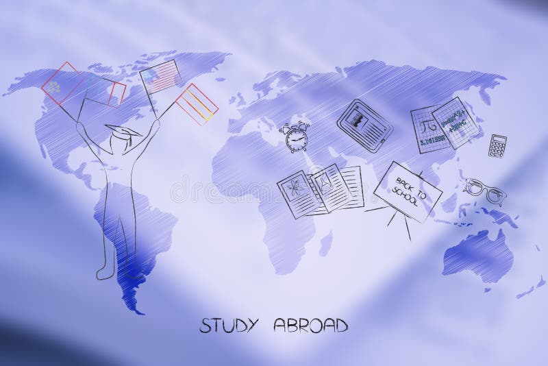 Study Abroad World Map Overlay with Student with Flags and School Items ...