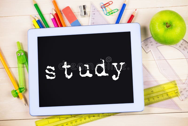 Study Against Students Table with School Supplies Stock Image - Image ...