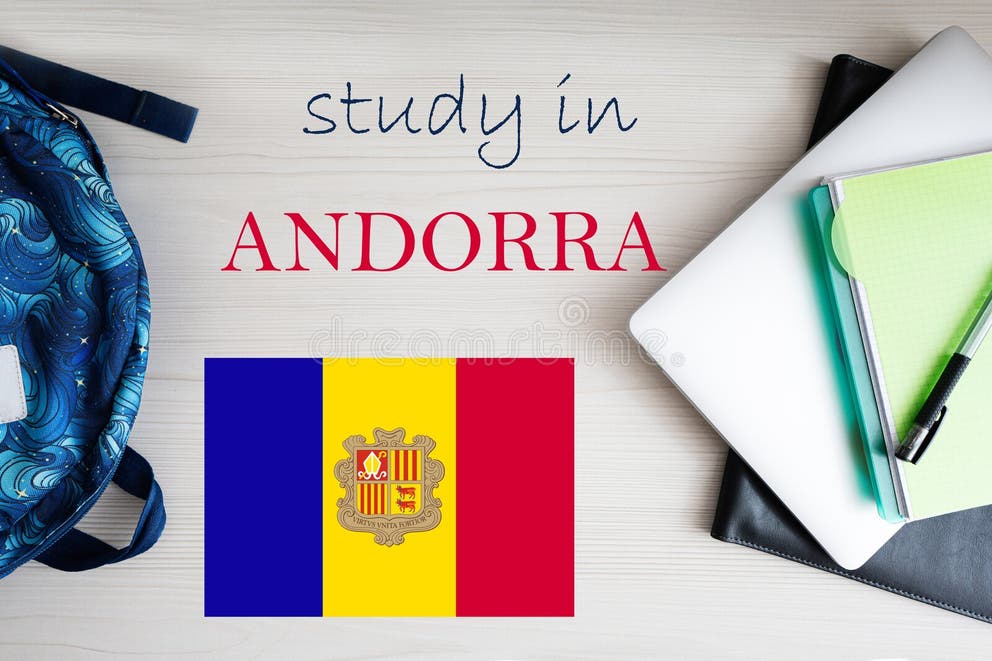 Study in Andorra. Background with Notepad, Laptop and Backpack Stock Photo - Image of notepad ...