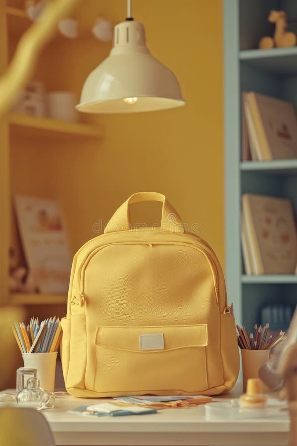 Study Area with a Cheerful, Floral-themed Backpack and Stationery Stock ...