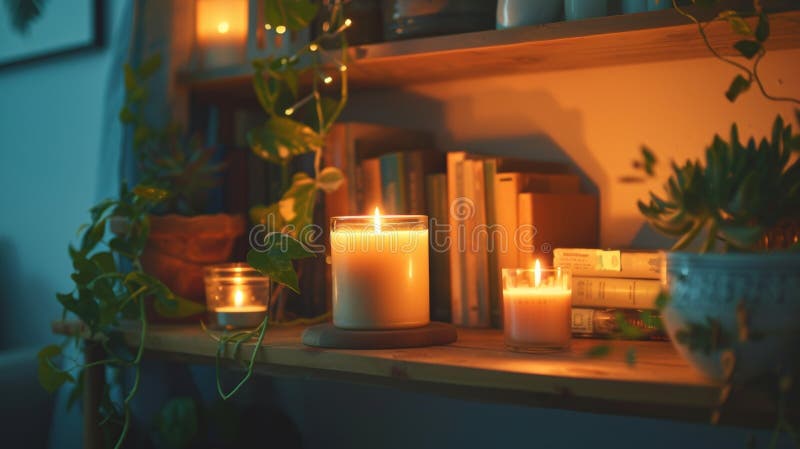 A Study Area with a Wall Shelf Filled with Scented Candles Creating a ...