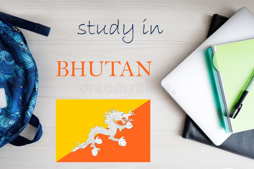 Study in Bhutan. Background with Notepad, Laptop and Backpack Stock ...