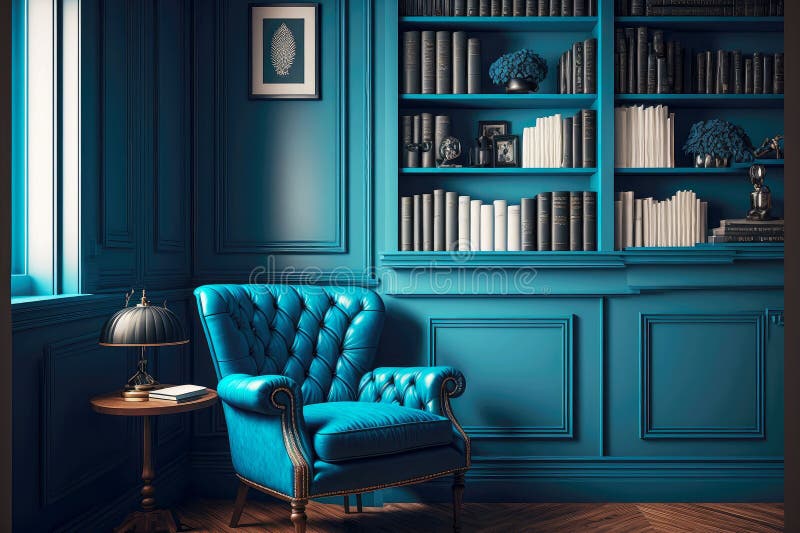 Study with Bookcase and Armchair in Home Interior Blue Stock ...