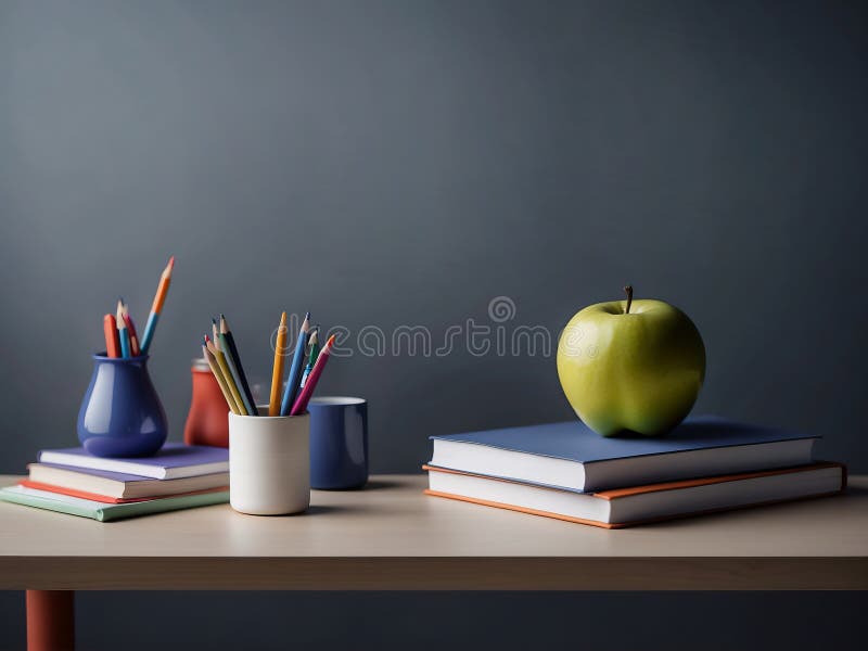 Study Books and Apple on Table, School Concept Stock Illustration ...
