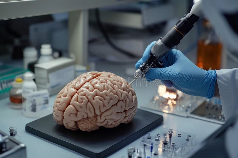 Study of Brain Anatomy Using a Microscope in a Laboratory Setting Stock ...