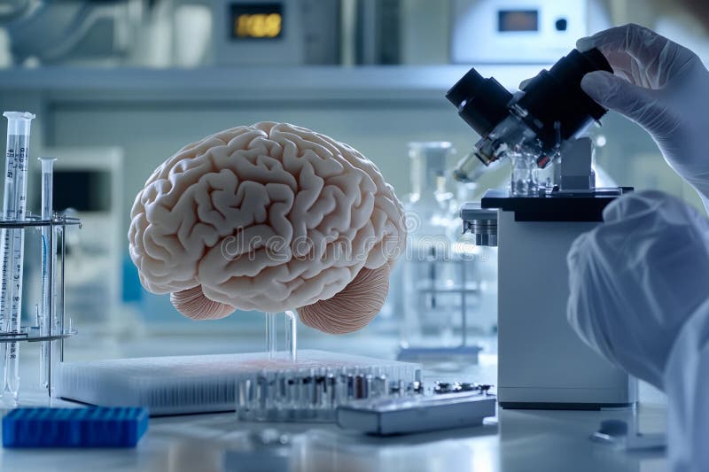 Study of Brain Anatomy Using a Microscope in a Laboratory Setting Stock ...