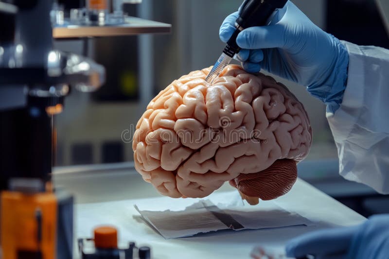 Study of Brain Anatomy Using a Microscope in a Laboratory Setting Stock ...
