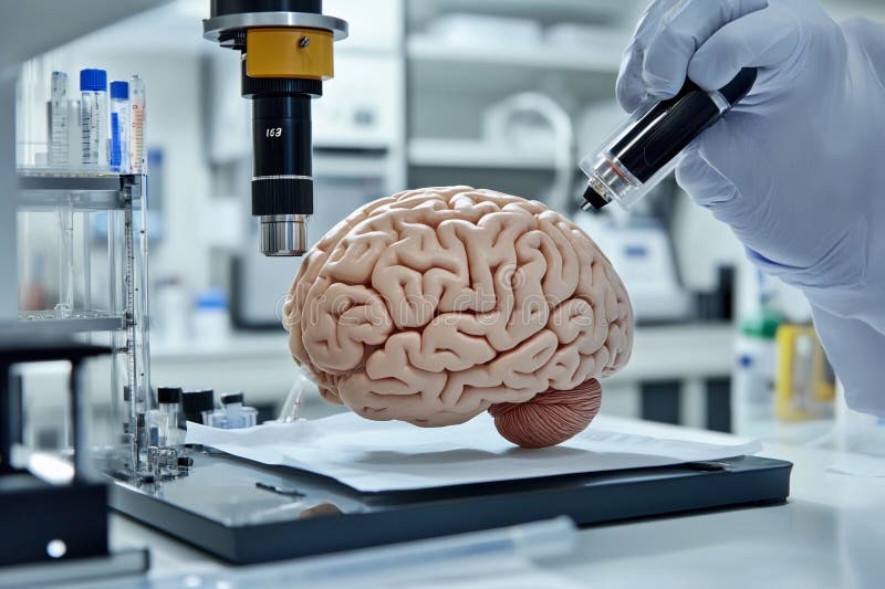 Study of Brain Anatomy Using a Microscope in a Laboratory Setting Stock ...