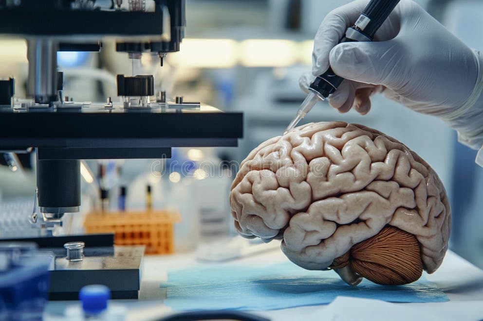 Study of Brain Anatomy Using a Microscope in a Laboratory Setting Stock ...