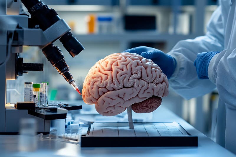 Study of Brain Anatomy Using a Microscope in a Laboratory Setting Stock ...