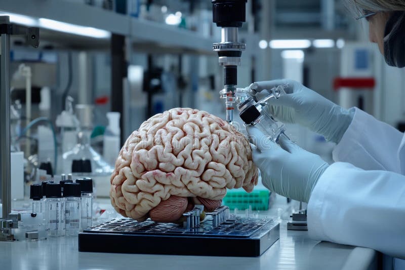 Study of Brain Anatomy Using a Microscope in a Laboratory Setting Stock ...
