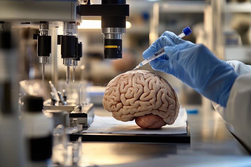 Study of Brain Anatomy Using a Microscope in a Laboratory Setting Stock ...