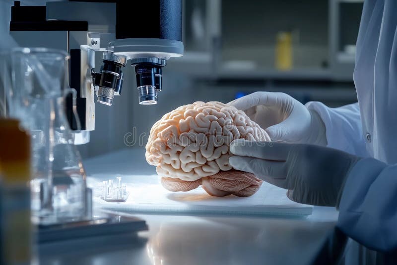 Study of Brain Anatomy Using a Microscope in a Laboratory Setting Stock ...