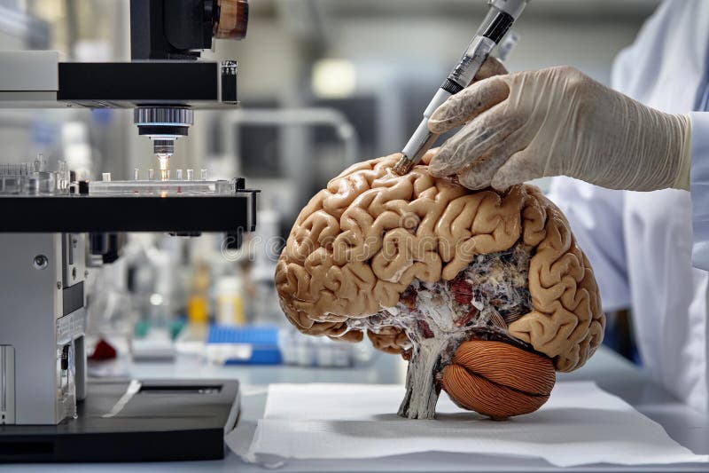 Study of Brain Anatomy Using a Microscope in a Laboratory Setting Stock ...
