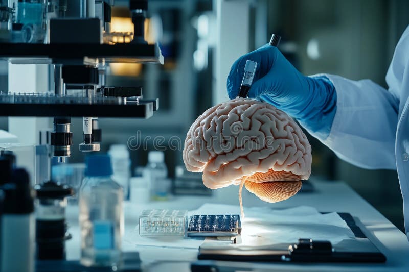 Study of Brain Anatomy Using a Microscope in a Laboratory Setting Stock ...