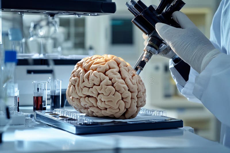 Study of Brain Anatomy Using a Microscope in a Laboratory Setting Stock ...