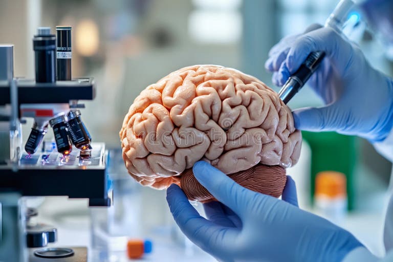 Study of Brain Anatomy Using a Microscope in a Laboratory Setting Stock ...