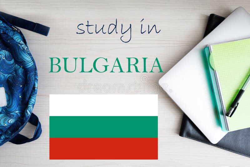 Study in Bulgaria. Background with Notepad, Laptop and Backpack Stock ...