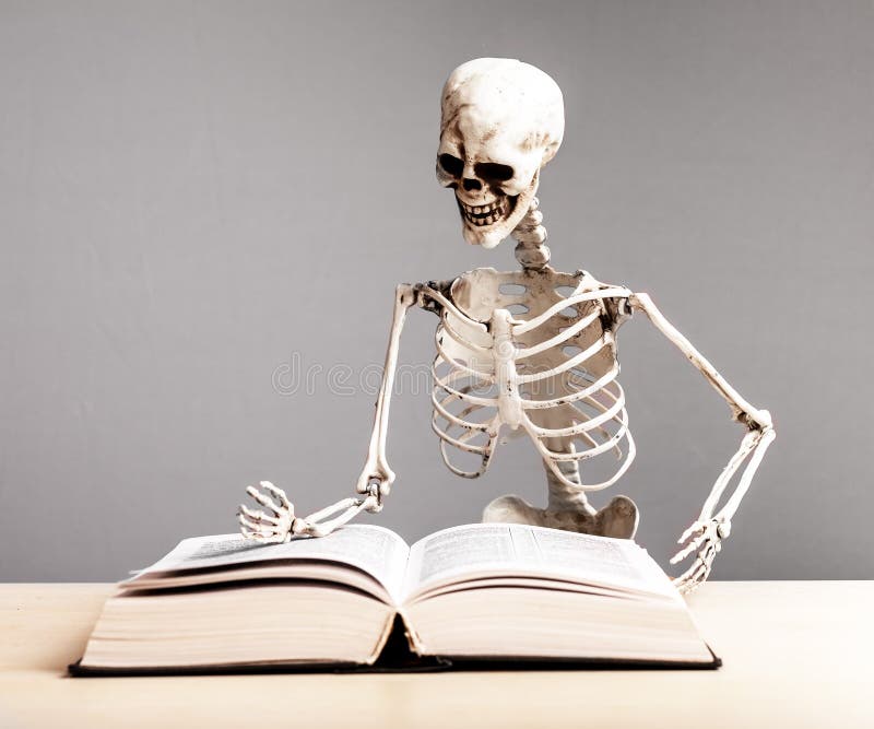 Study Burnout. Skeleton Sitting at Table with Book Stock Image - Image ...