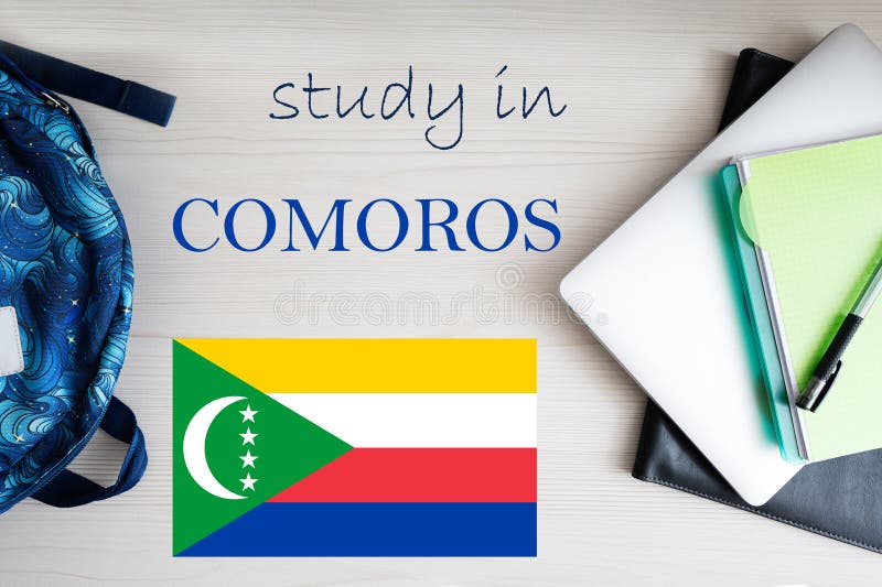 Study in Comoros. Background with Notepad, Laptop and Backpack Stock ...