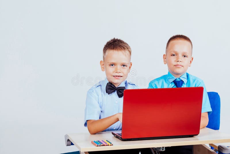 Study on the Computer Two Boys at School Stock Photo - Image of desk ...