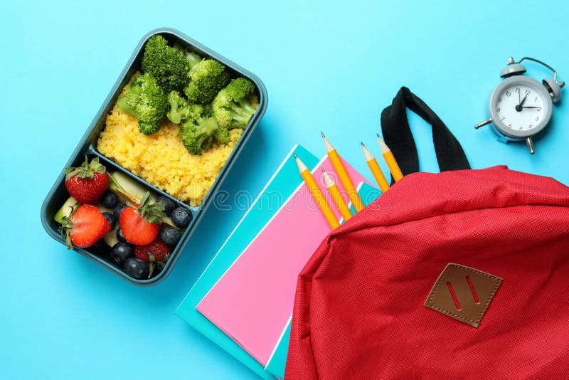 Study Concept with Lunch Box on Blue Stock Photo - Image of nutrition ...