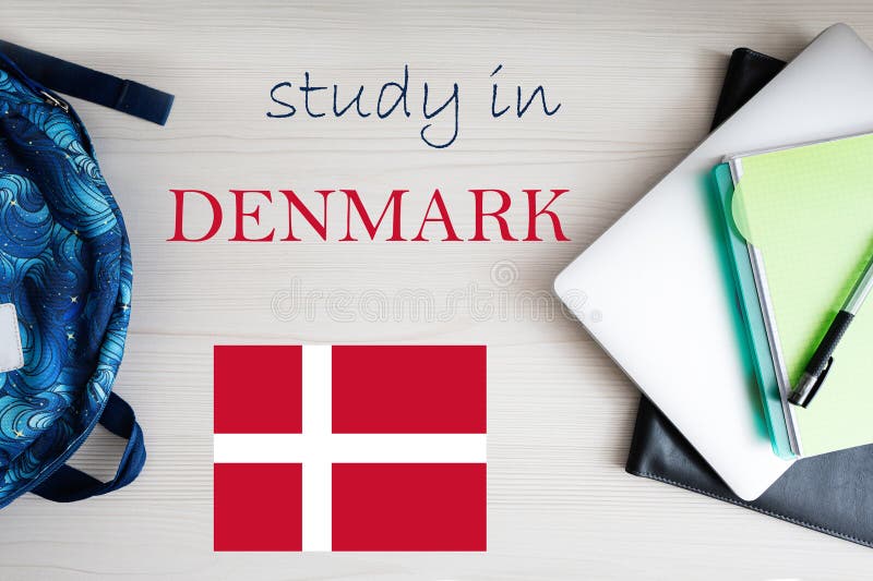 Study in Denmark. Background with Notepad, Laptop and Backpack Stock ...
